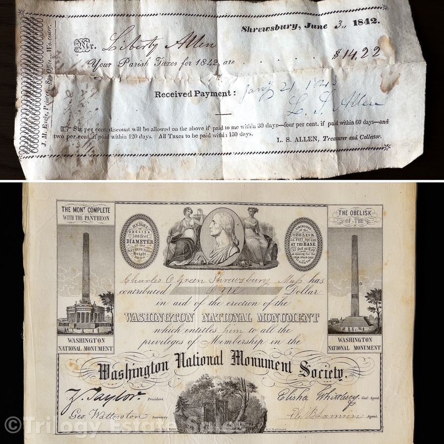 Shrewsbury Massachusetts 1842 Parish Tax Receipt & Engraved Washington ...