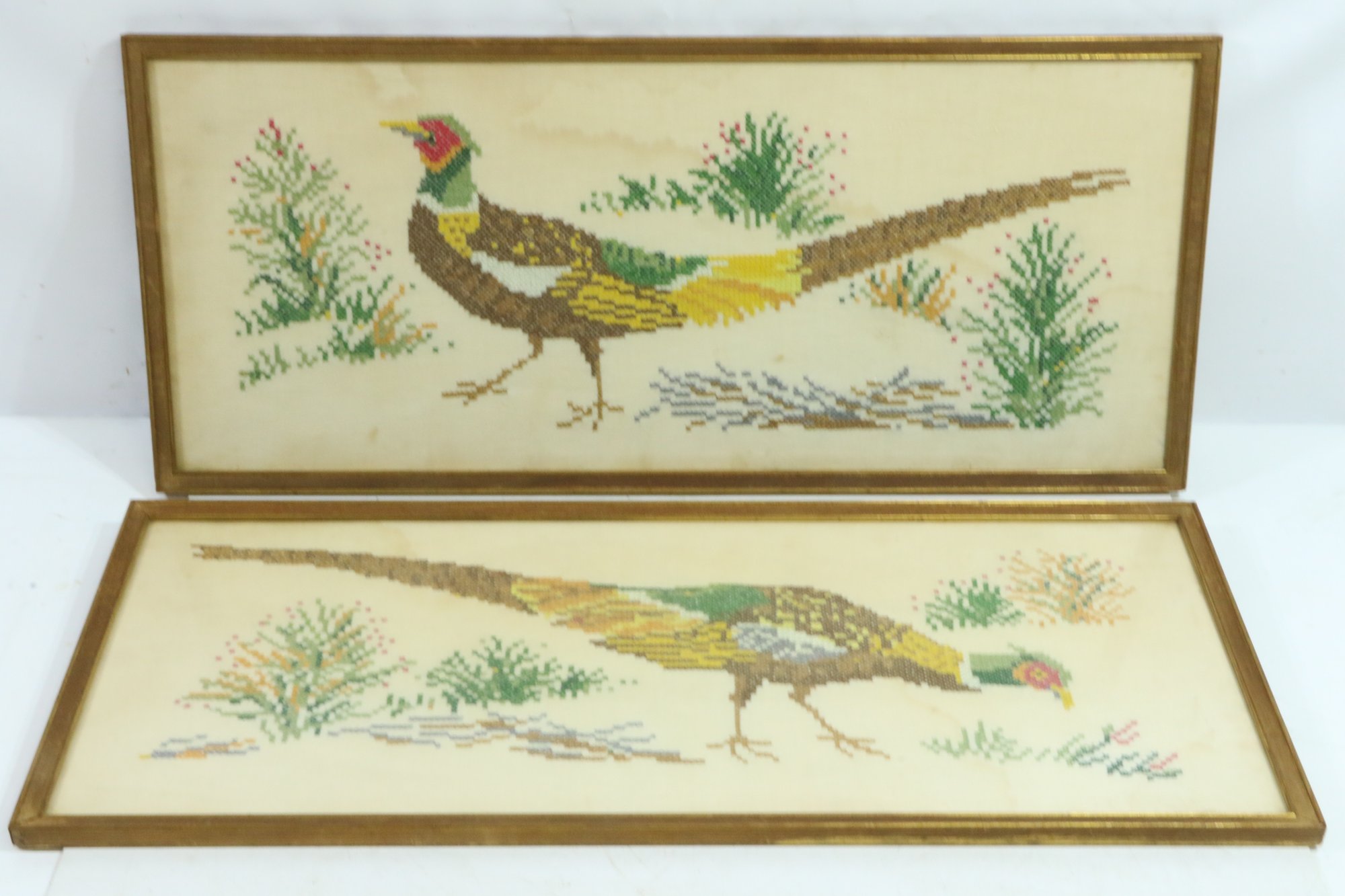 Pair Of Hand Embroidered Framed Pheasants #161012 | Auctionninja.com