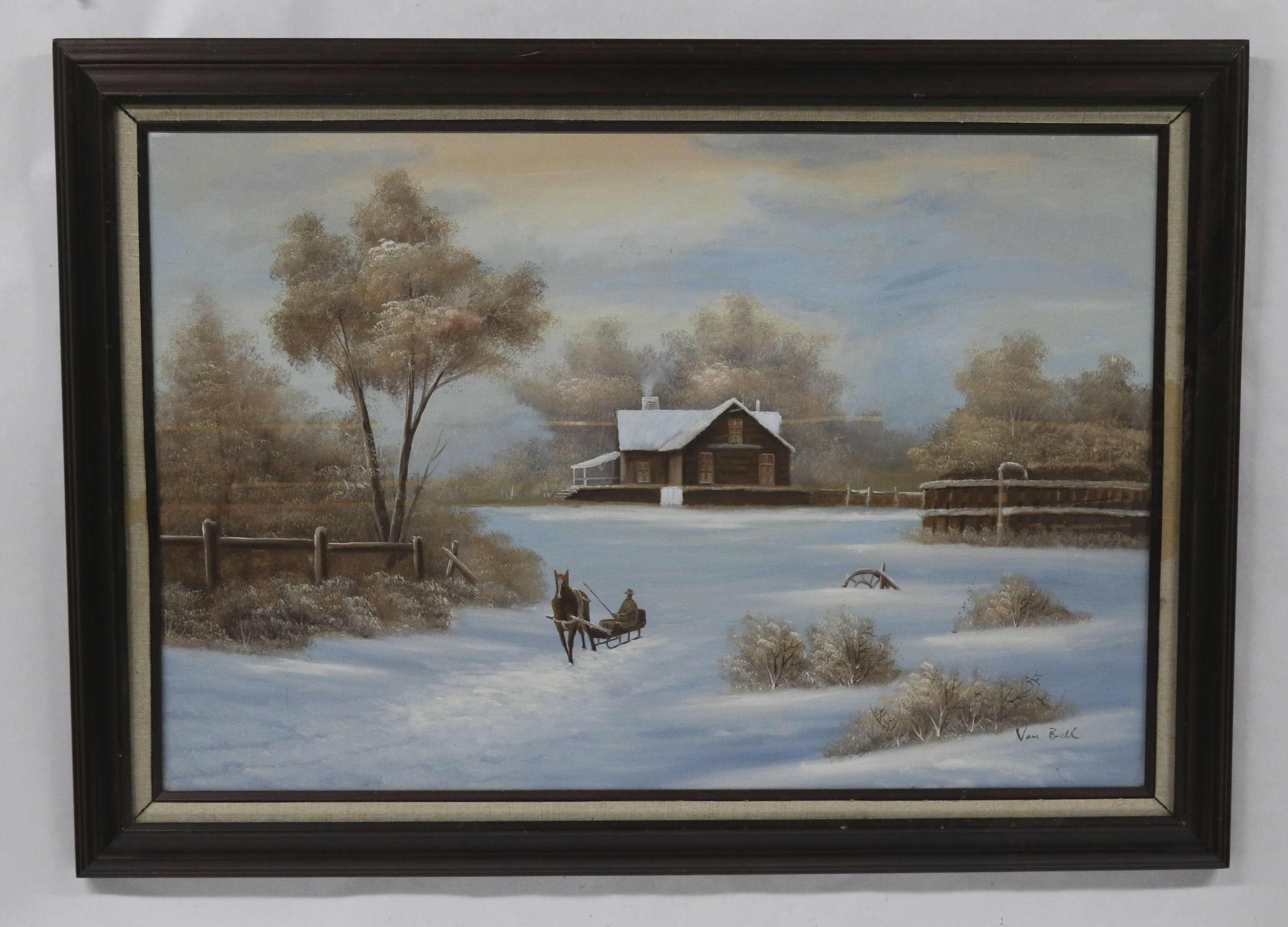 Large Framed Oil Painting Of Winter Scene Signed Van Bell #3501 ...