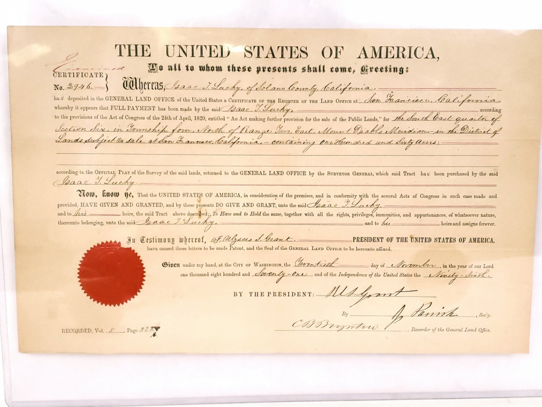 1871 US Land Grant Issued For Property In San Francisco Issued By ...